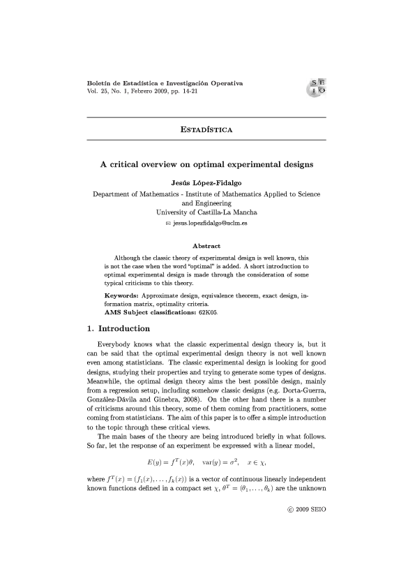 (PDF) A critical overview on optimal experimental designs | Jesús López ...