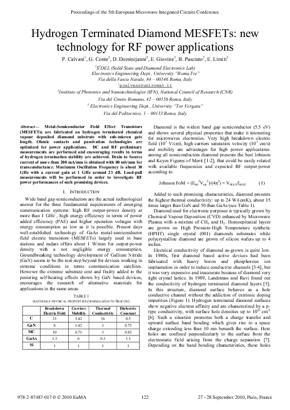 (PDF) Hydrogen terminated diamond MESFETs: New technology for RF power ...