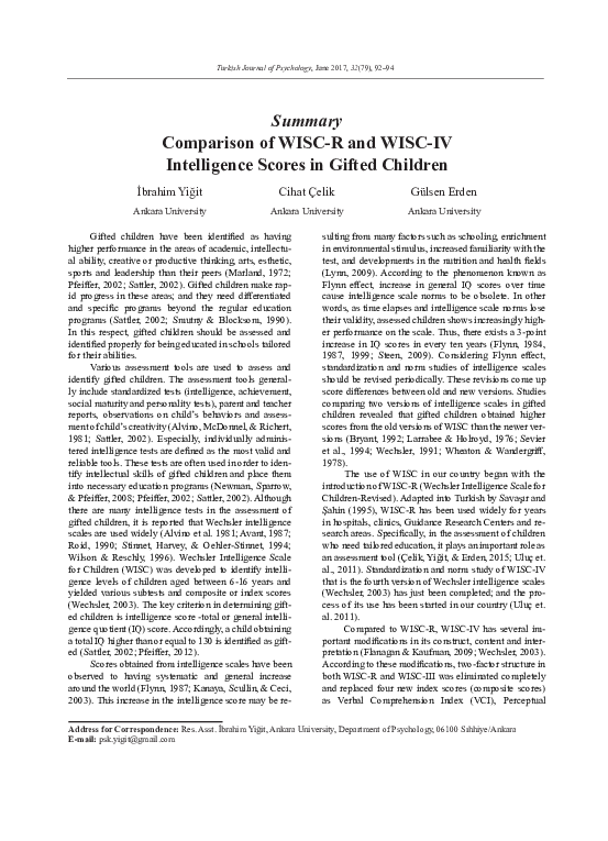 (PDF) Comparison of WISC-R and WISC-IV Intelligence Scores in Gifted ...