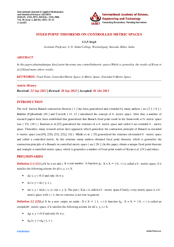 Pdf Fixed Point Theorems On Controlled Metric Spaces Iaset Us
