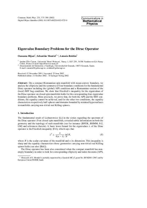 (PDF) Eigenvalue boundary problems for the Dirac operator