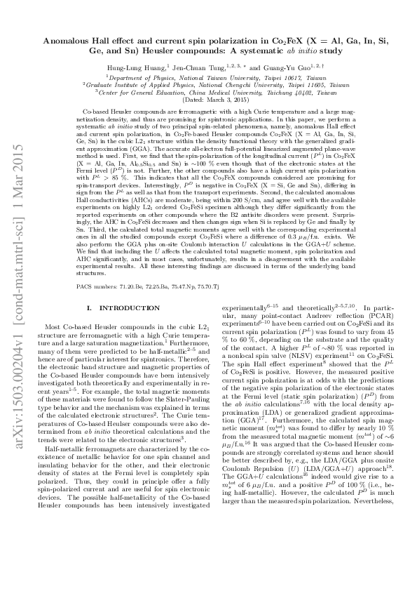 (PDF) Anomalous Hall effect and current spin polarization in Co 2 Fe X Heusler compounds ( X ...