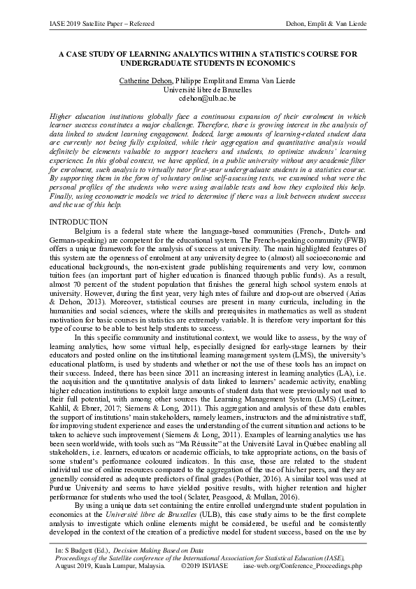 (PDF) A Case Study of Learning Analytics Within a Statistics Course for ...