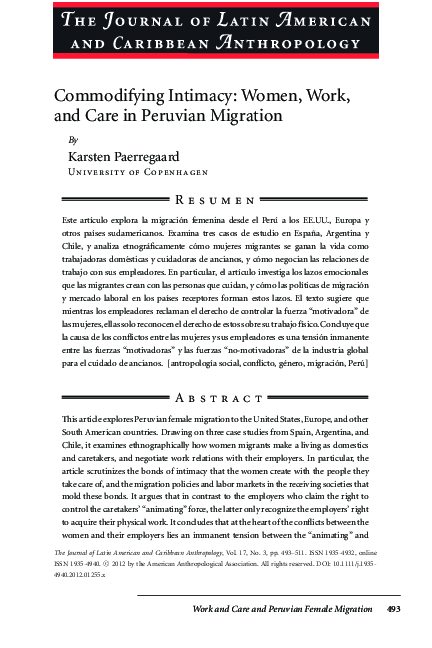 (PDF) Commodifying Intimacy: Women, Work, and Care in Peruvian Migration