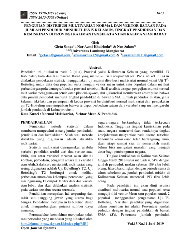 (PDF) Pengujian Distribusi Multivariat Normal Dan Vektor Rataan Pada ...