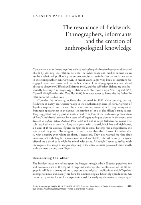 (PDF) The resonance of fieldwork. Ethnographers, informants and the ...
