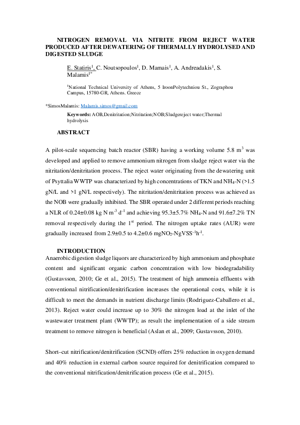 (PDF) Nitrogen Removal via Nitrite from Reject Water Produced After ...
