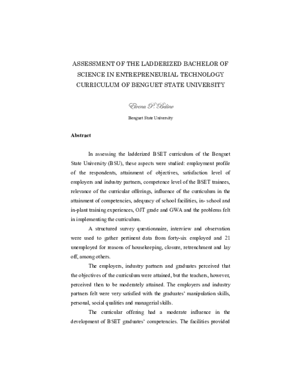 (PDF) Assessment of the Ladderized Bachelor of Science in ...