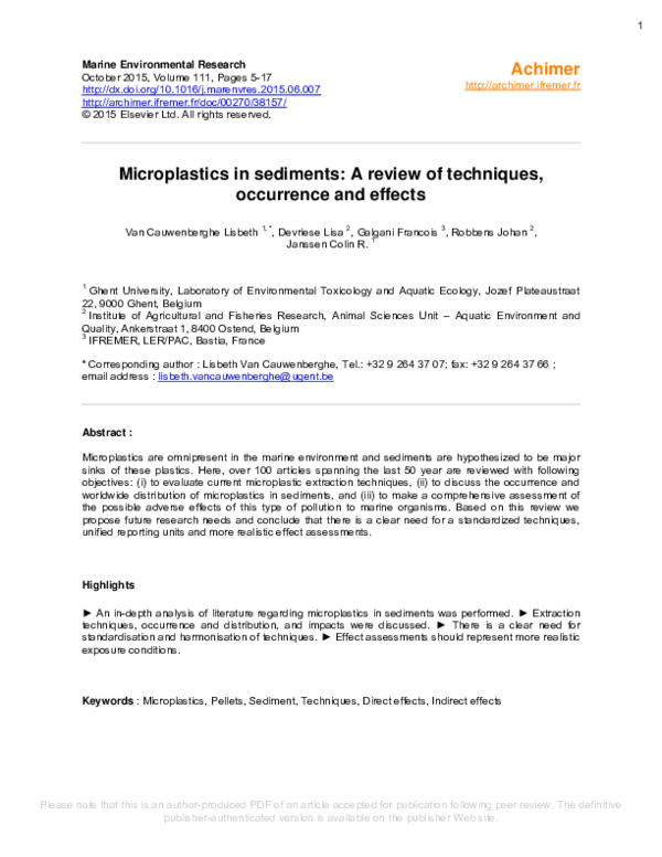 (PDF) Microplastics in sediments: A review of techniques, occurrence and effects