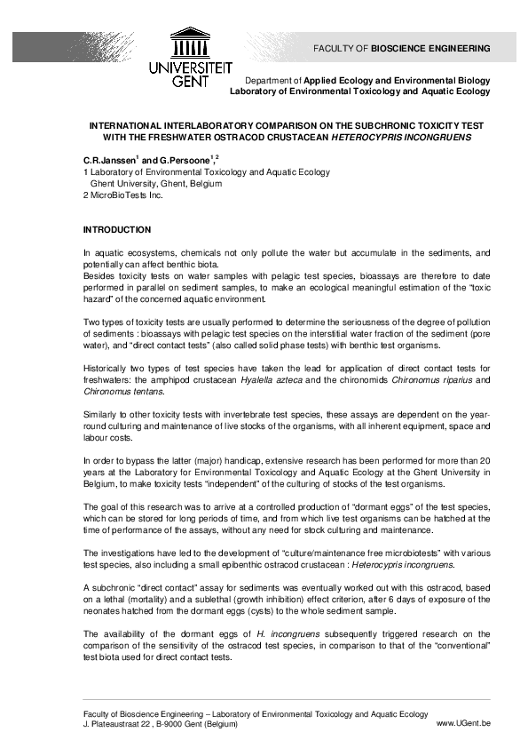 (PDF) International Interlaboratory Comparison on the Subchronic ...