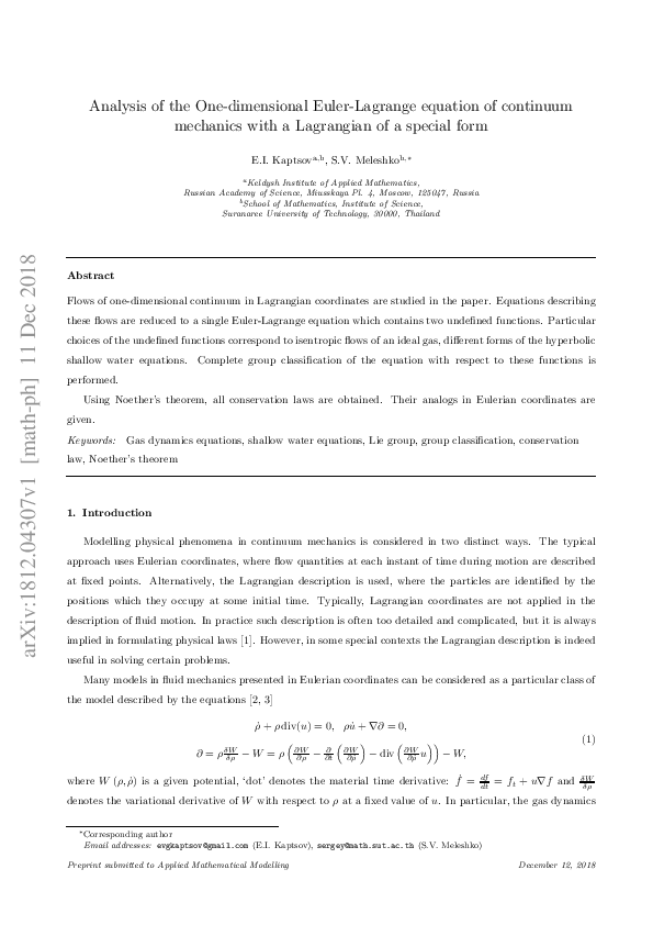 (PDF) Analysis of the One-dimensional Euler-Lagrange equation of continuum mechanics with a ...