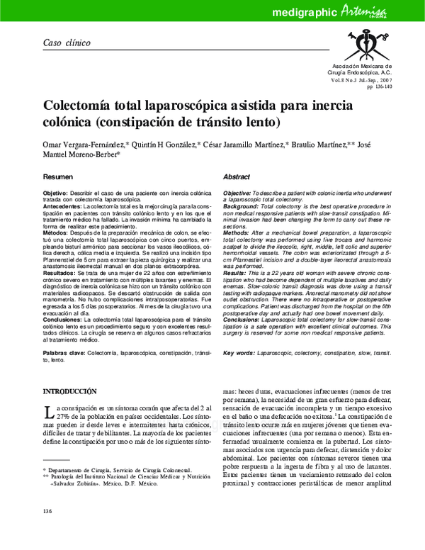 Colectomía total laparoscópica asistida para inercia colónica ...