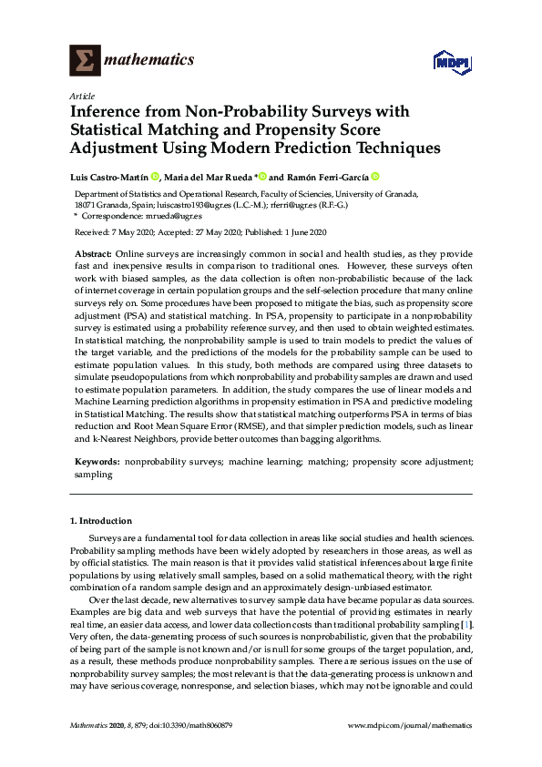 (PDF) Inference from Non-Probability Surveys with Statistical Matching and Propensity Score ...