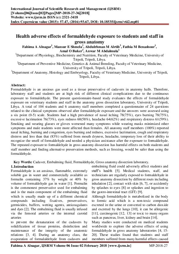 (PDF) Health adverse effects of formaldehyde exposure to students and ...