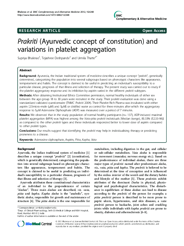 (PDF) Prakriti (Ayurvedic concept of constitution) and variations in ...