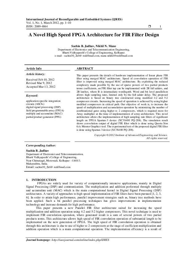 (PDF) A Novel High Speed FPGA Architecture for FIR Filter