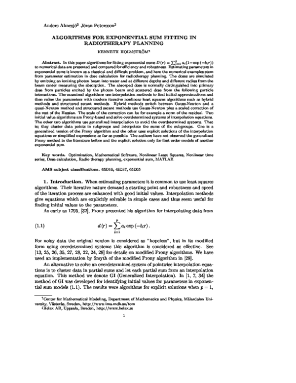 (PDF) Algorithms For Exponential Sum Fitting In Radiotherapy Planning