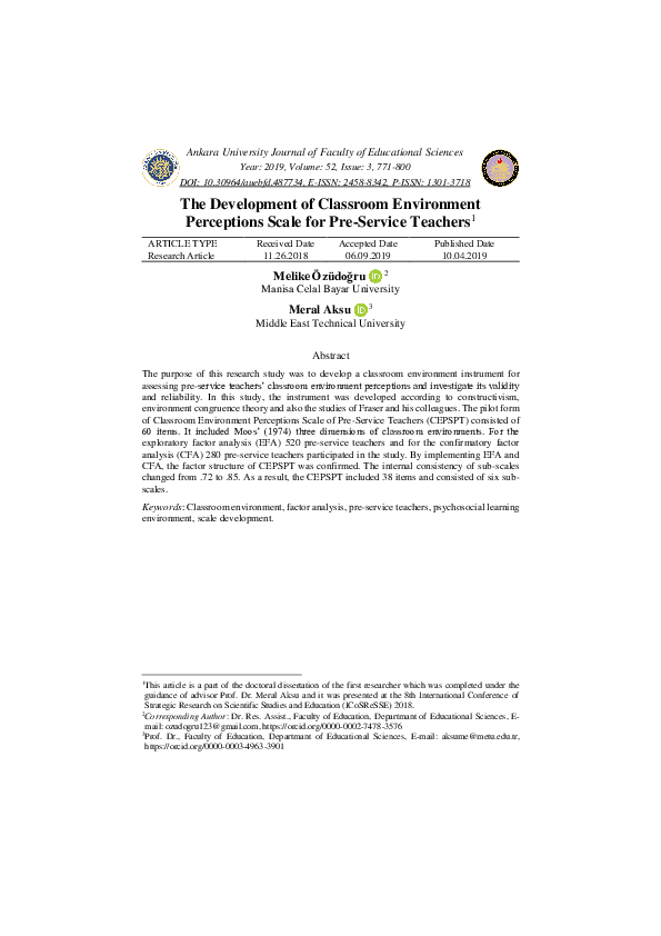 (PDF) The Development of Classroom Environment Perceptions Scale for ...