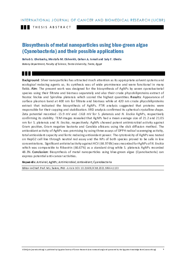 (PDF) Biosynthesis of metal nanoparticles using blue-green algae ...