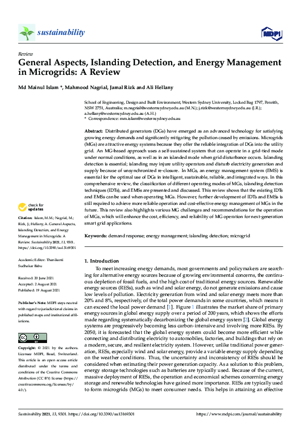 Pdf General Aspects Islanding Detection And Energy Management In Microgrids A Review