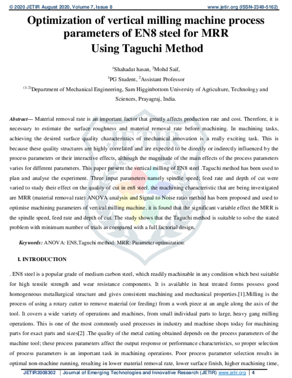 Pdf Optimization Of Vertical Milling Machine Process Parameters Of En8 Steel For Mrr Using