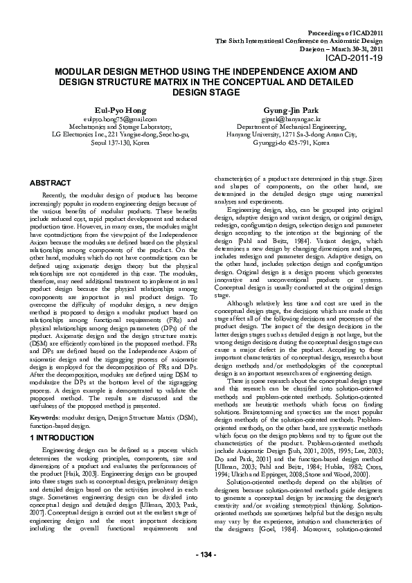 Modular Design Method Using the Independence Axiom and Design Structure Matrix in the Conceptual ...