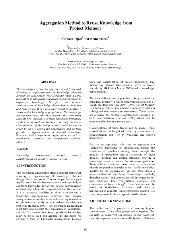 (PDF) Aggregation method to reuse knowledge from project memory