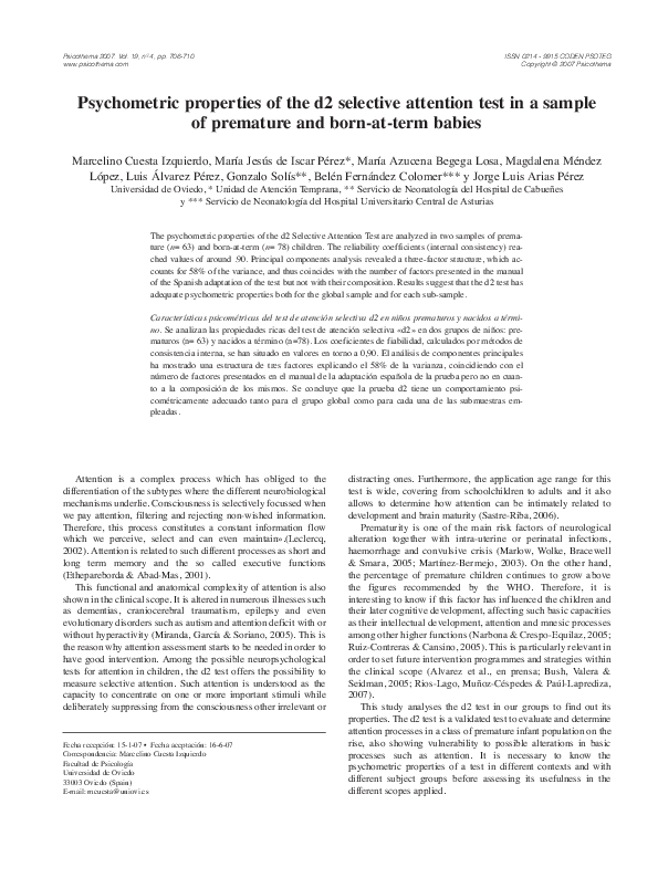 (PDF) Psychometric properties of the d2 selective attention test in a ...