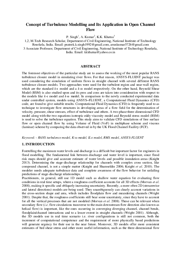 (PDF) Concept of Turbulence Modelling and Its Application in Open Channel Flow