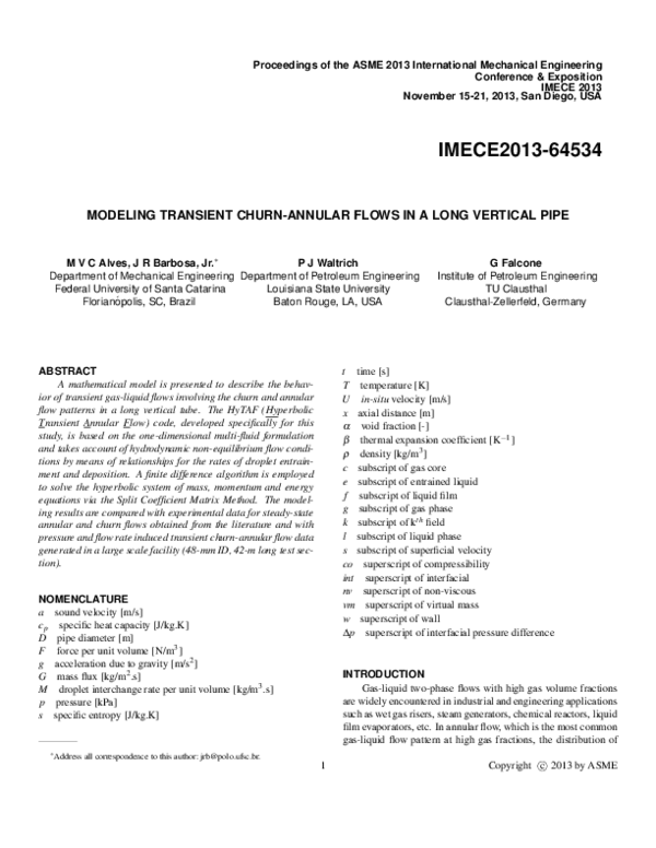 (PDF) Modeling Transient Churn-Annular Flows in a Long Vertical Pipe