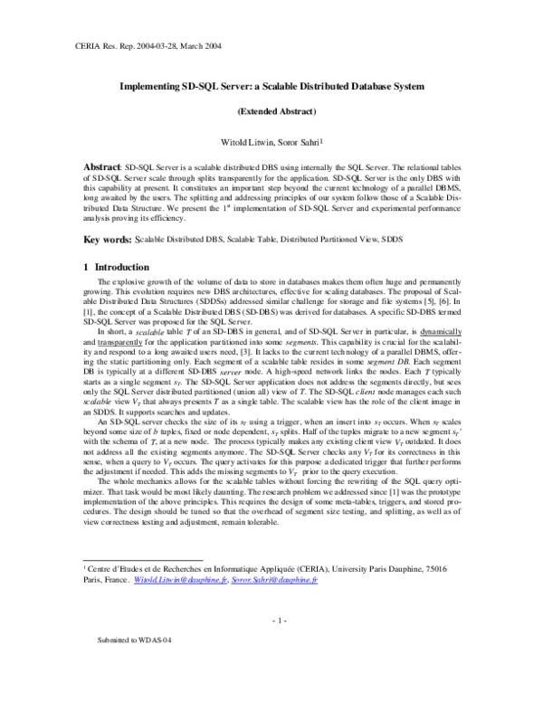 (PDF) Implementing SD-SQL Server: a Scalable Distributed Database ... (PDF) Implementing SD-SQL Server: a Scalable Distributed Database ...