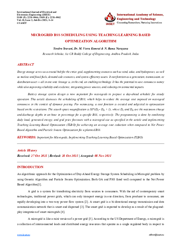 (PDF) MICROGRID BSS SCHEDULING USING TEACHING LEARNING BASED ...