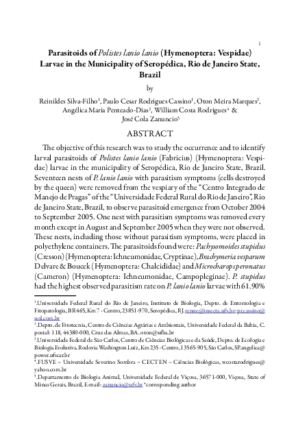 (PDF) Parasitoids of Polistes lanio lanio (Hymenoptera: Vespidae ...