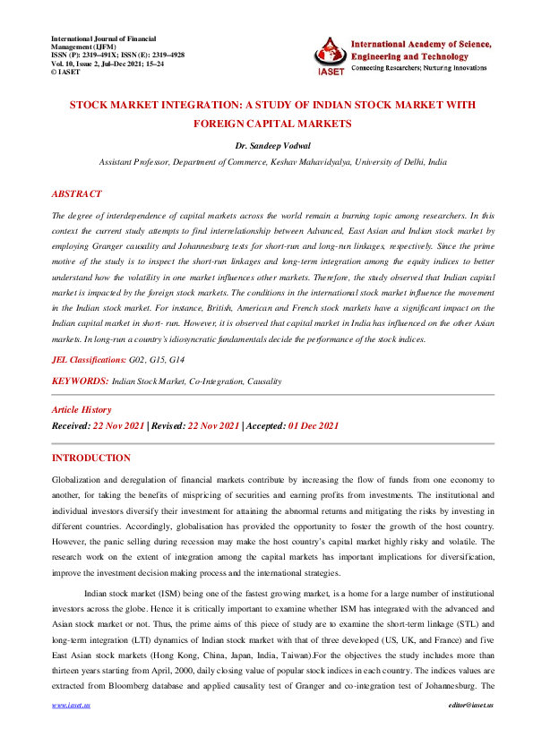 (PDF) STOCK MARKET INTEGRATION: A STUDY OF INDIAN STOCK MARKET WITH ...
