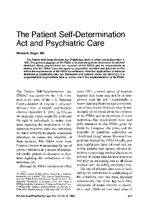 (PDF) The patient self-determination act and psychiatric care