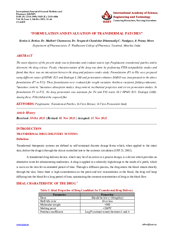 Pdf Formulation And Evaluation Of Transdermal Patches