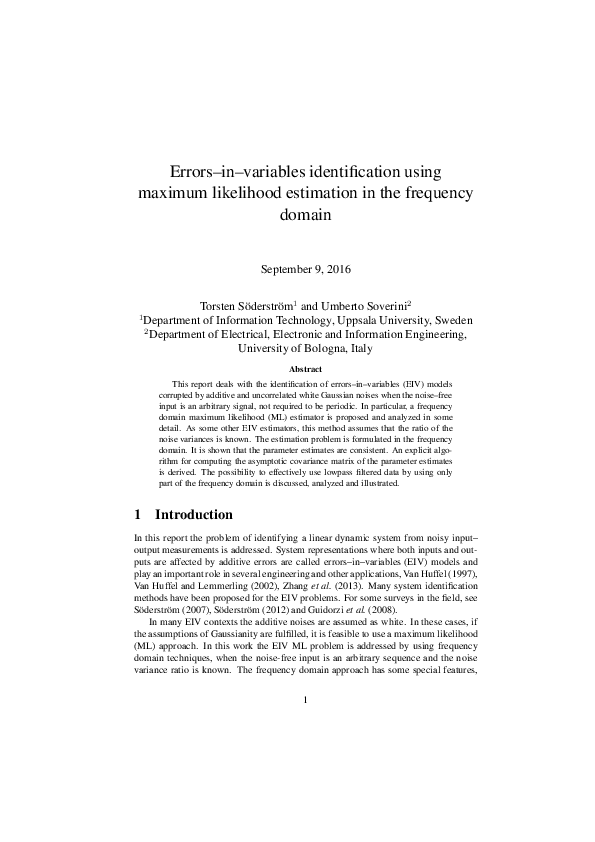 (PDF) Errors-in-variables identification using maximum likelihood estimation in the frequency domain