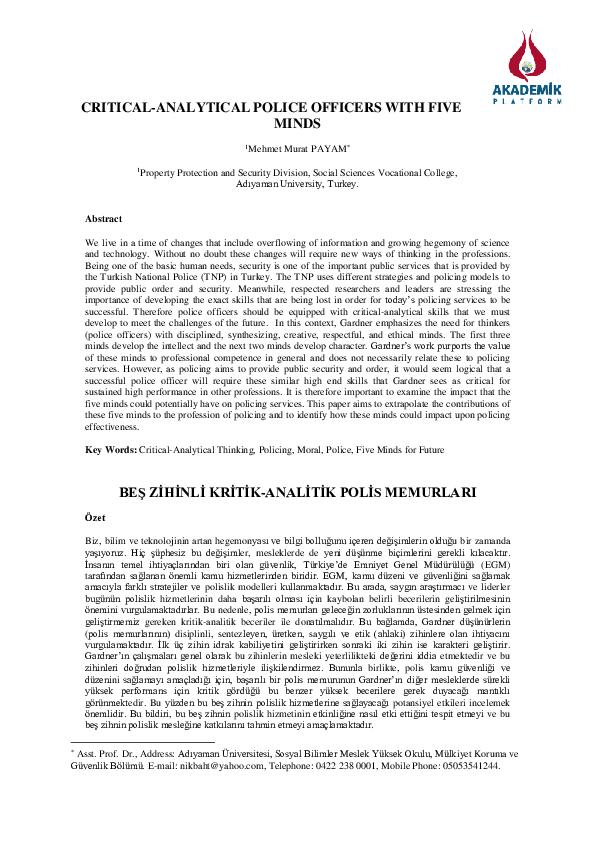 (PDF) Critical-Analytical Police Officers with Five Minds | Mehmet ...