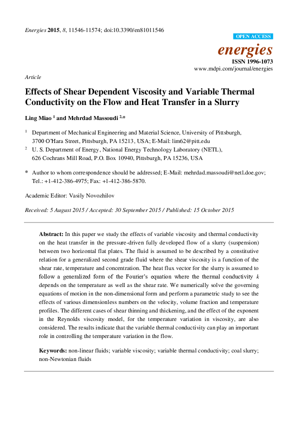 Pdf Effects Of Shear Dependent Viscosity And Variable Thermal Conductivity On The Flow And