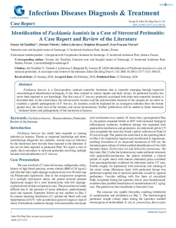 (PDF) Identification of Facklamia Hominis in a Case of Stercoral ...