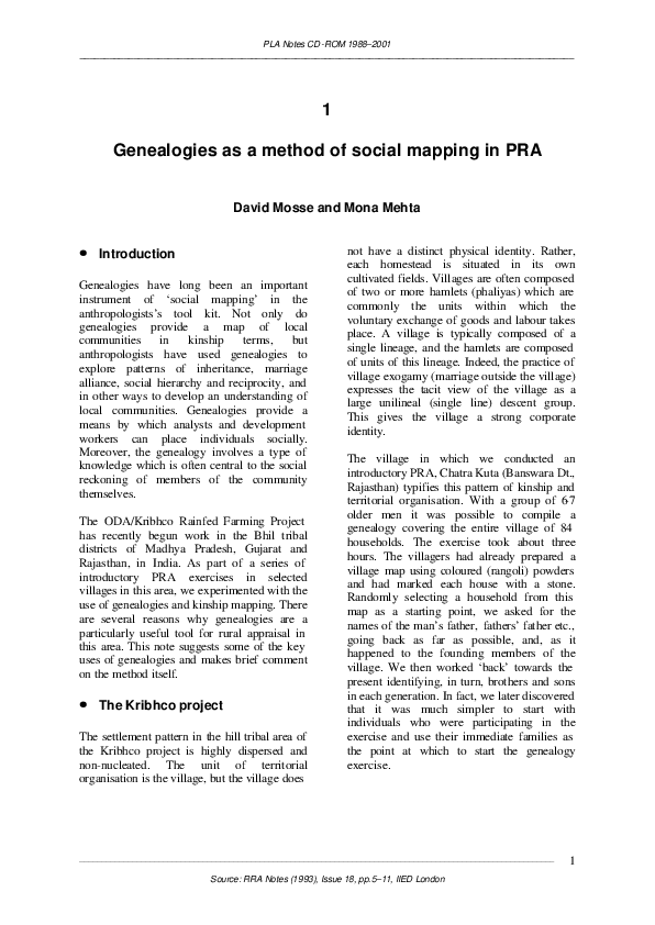 (PDF) Genealogies as a method of social mapping in PRA