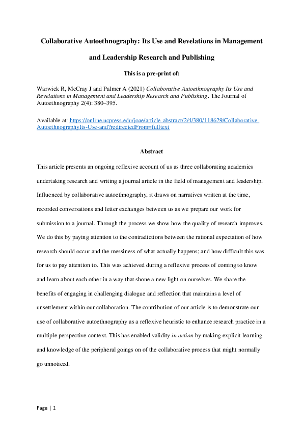 (PDF) Collaborative Autoethnography: Its Use and Revelations in ...