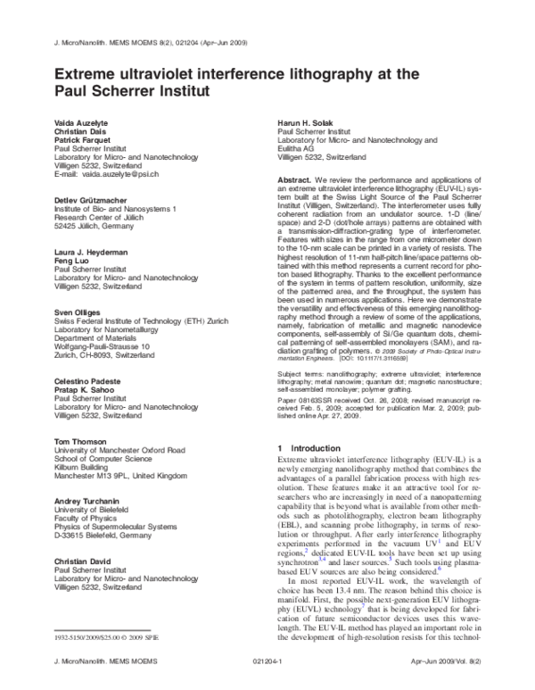 (PDF) Extreme ultraviolet interference lithography as applied to ...