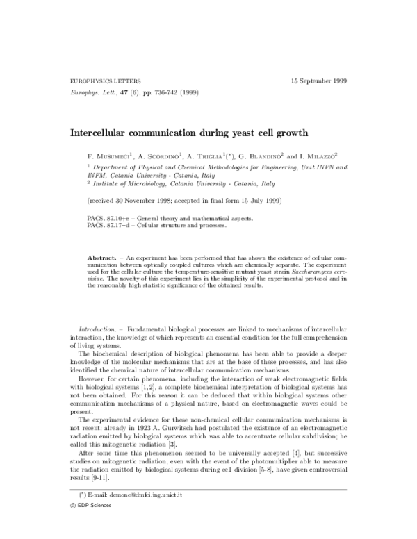 (PDF) Intercellular communication during yeast cell growth