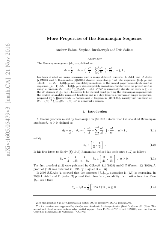 (PDF) More properties of the Ramanujan sequence
