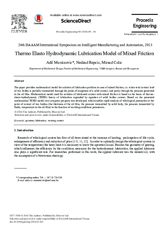 Pdf Thermo Elasto Hydrodynamic Lubrication Model Of Mixed Friction