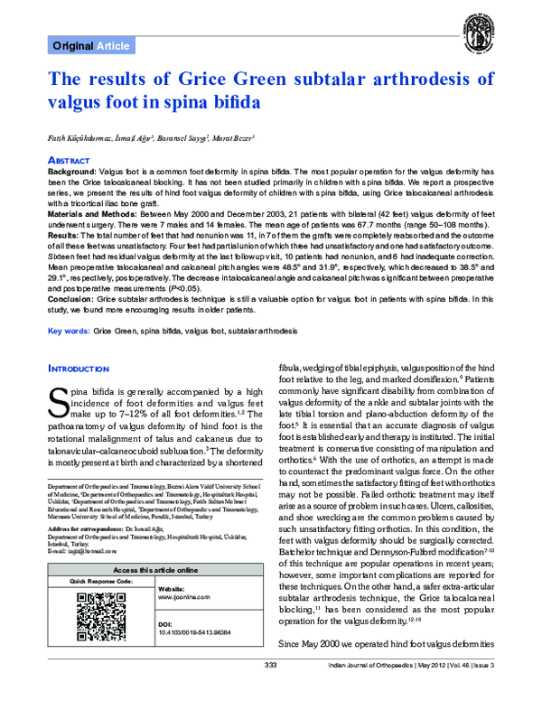 (PDF) The results of Grice Green subtalar arthrodesis of valgus foot in ...