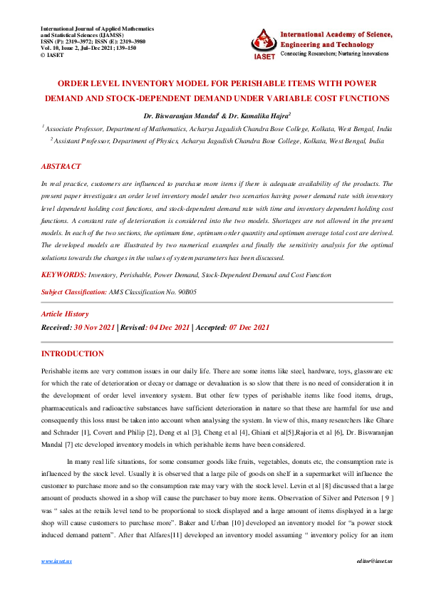 Pdf Order Level Inventory Model For Perishable Items With Power Demand And Stock Dependent