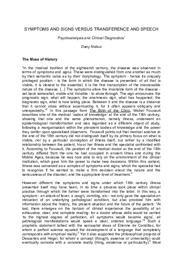 (PDF) SYMPTOMS AND SIGNS VERSUS TRANSFERENCE AND SPEECH Psychoanalysis ...