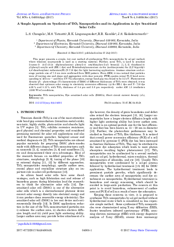 Pdf A Simple Approach On Synthesis Of Tio2 Nanoparticles And Its Application In Dye Sensitized